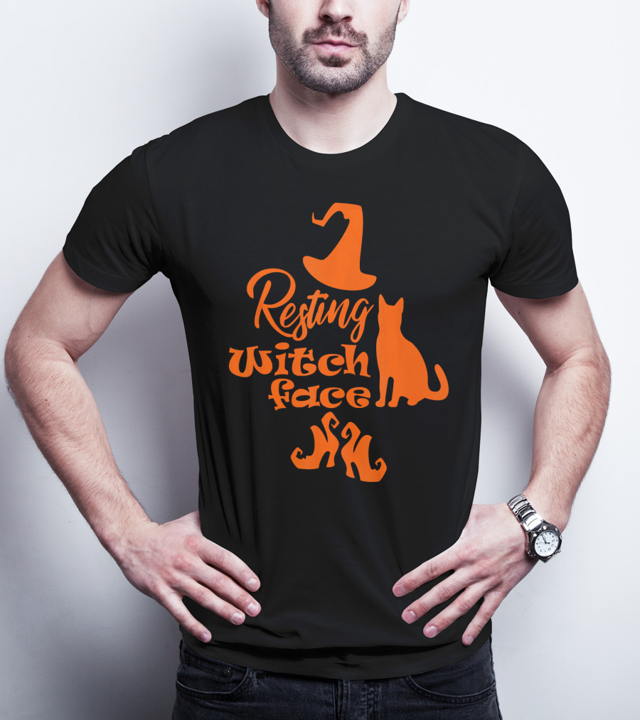Resting Witch Face Halloween Cat Witch Hat Shoes T-Shirt