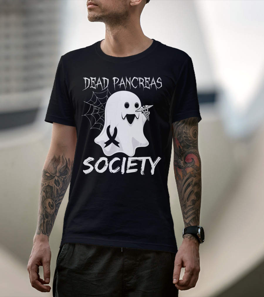 Dead Pancreas Society Ghost With Ribbon And Caduceus Diabetes Awareness T-Shirt