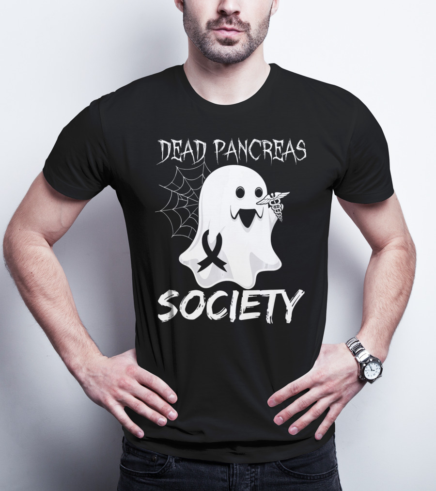 Dead Pancreas Society Ghost With Ribbon And Caduceus Diabetes Awareness T-Shirt