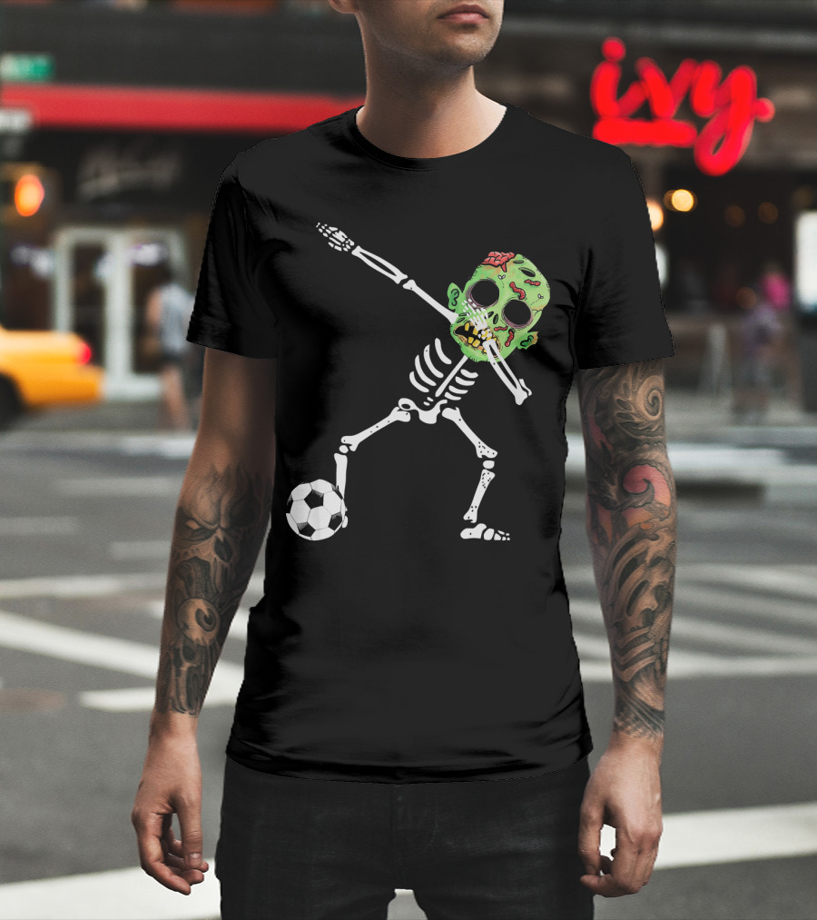 Dabbing Skeleton Soccer Zombie With Green Head T-Shirt