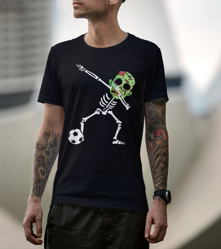 Dabbing Skeleton Soccer Zombie With Green Head T-Shirt