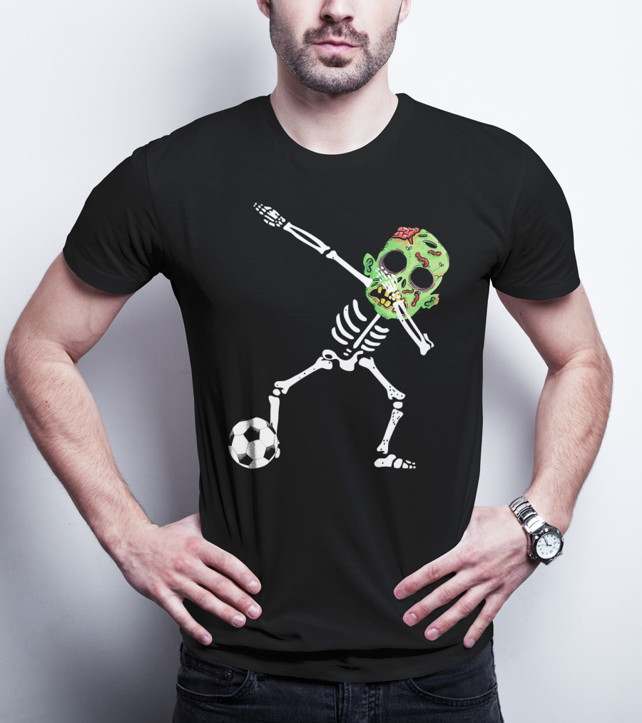 Dabbing Skeleton Soccer Zombie With Green Head T-Shirt