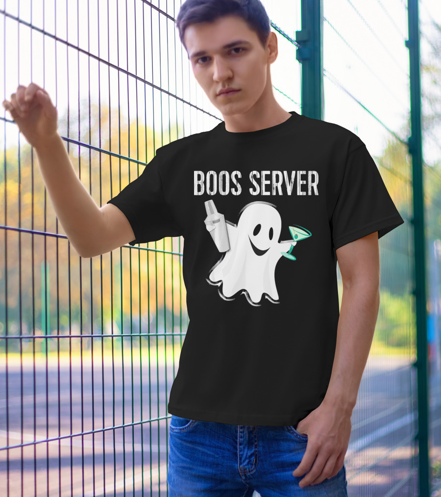 Boos Server Ghost Holding Cocktail Shaker And Martini T-Shirt