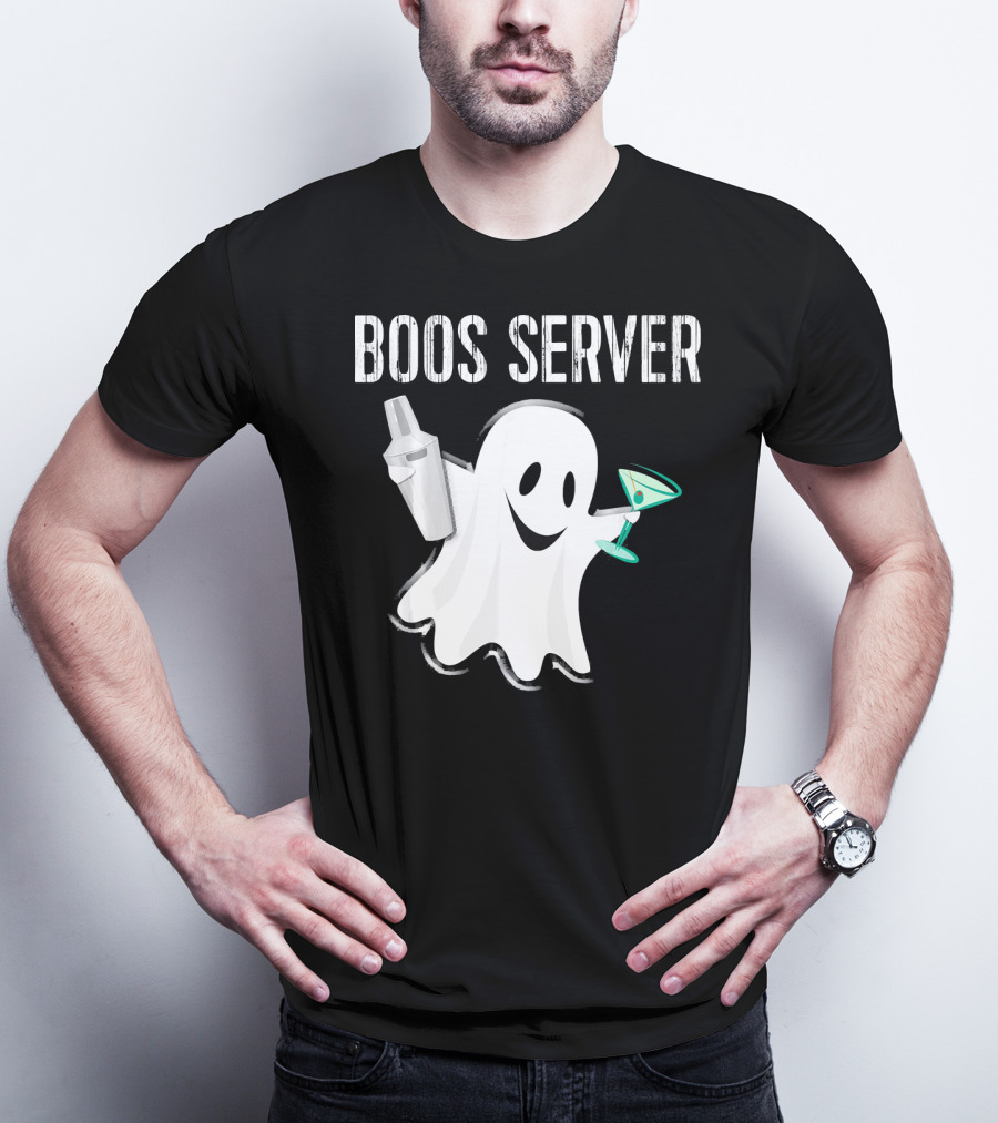 Boos Server Ghost Holding Cocktail Shaker And Martini T-Shirt