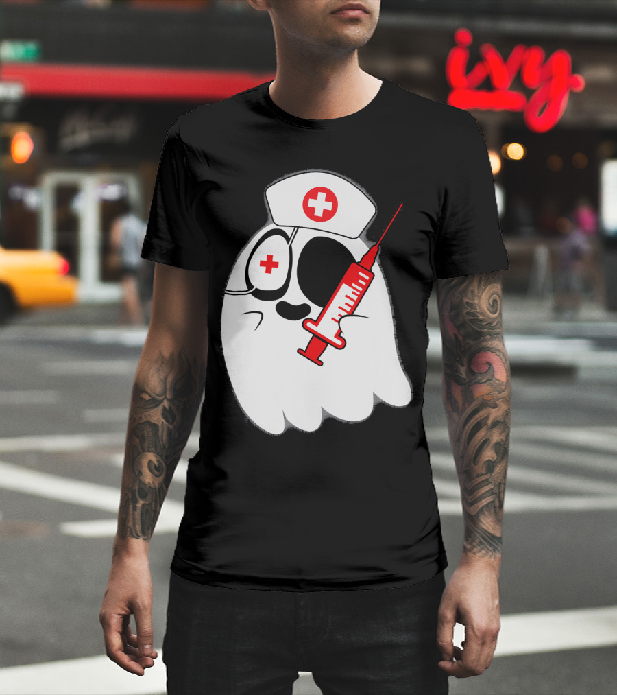 Funny Ghost Nurse Emoji With Syringe Nurse Hat T-Shirt