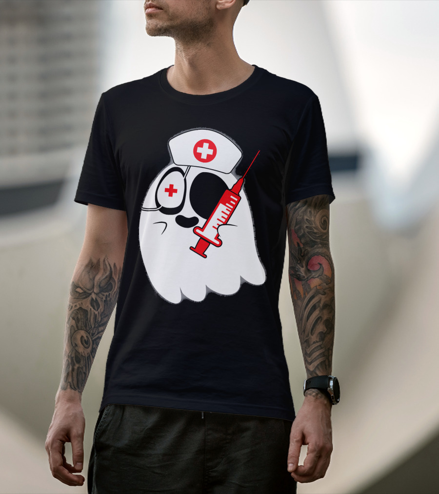 Funny Ghost Nurse Emoji With Syringe Nurse Hat T-Shirt