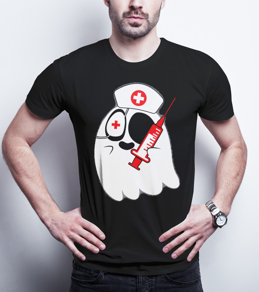 Funny Ghost Nurse Emoji With Syringe Nurse Hat T-Shirt