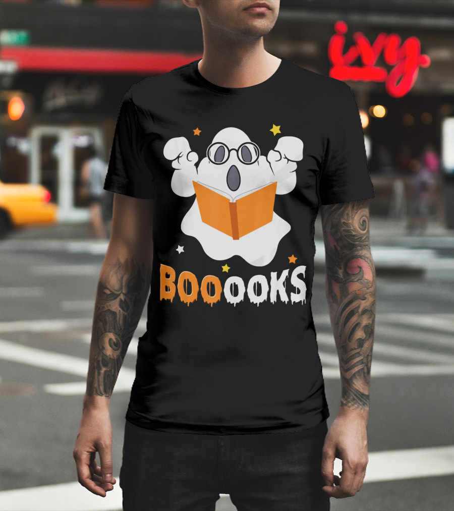 Booooks Ghost With Glasses Holding Orange Book And Stars T-Shirt