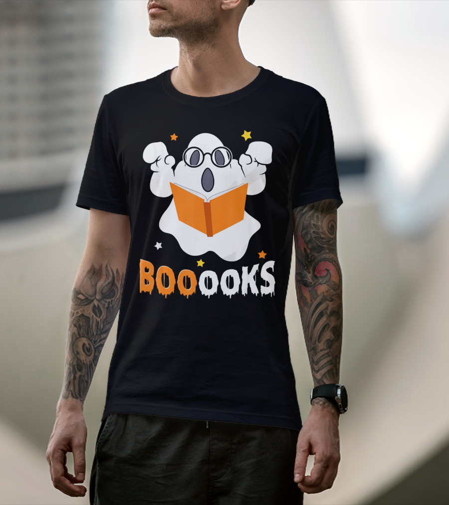 Booooks Ghost With Glasses Holding Orange Book And Stars T-Shirt