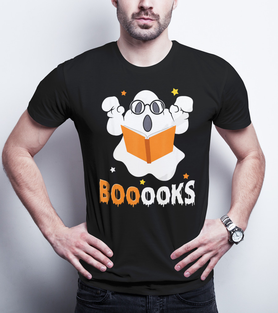 Booooks Ghost With Glasses Holding Orange Book And Stars T-Shirt