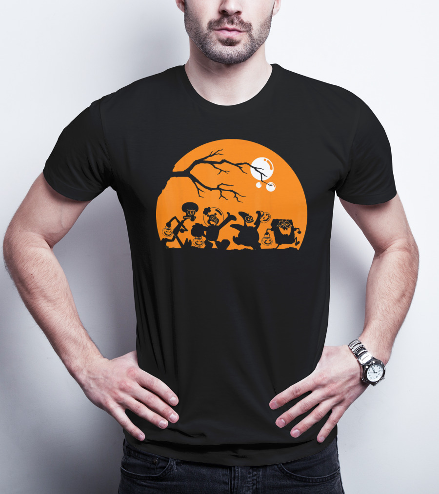 Spongebob Squarepants Halloween Group Silhouette Against Orange Moon T-Shirt