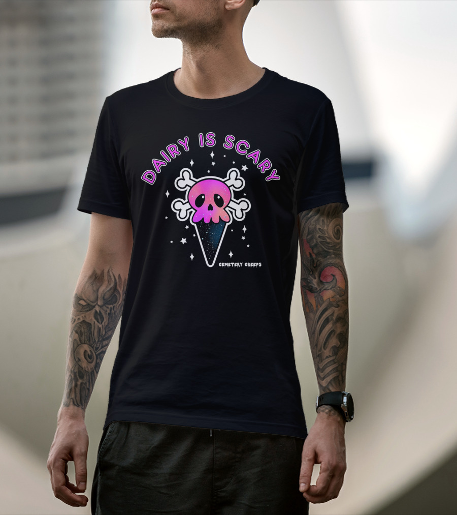 Dairy Is Scary Vegan Halloween Horror Cemetery Creeps Skullicone T-Shirt