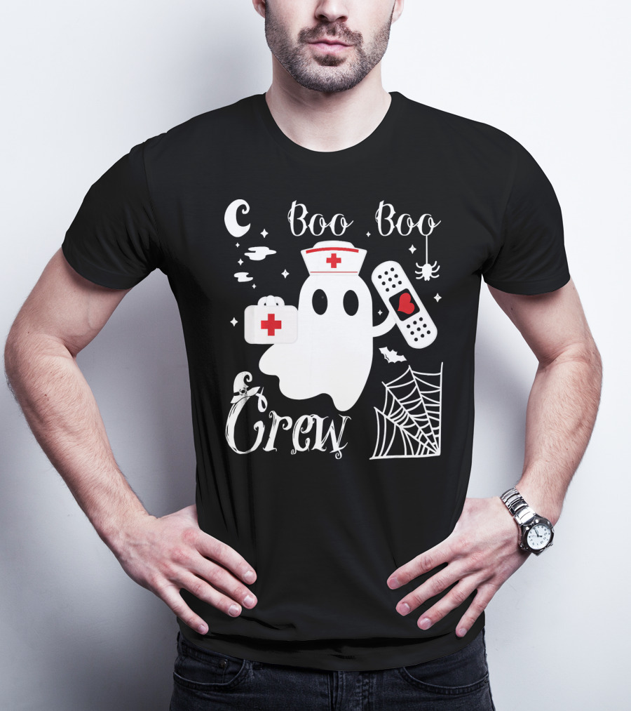 Boo Boo Crew Ghost Nurse With Bandage And Spider Web And Medical Symbols T-Shirt