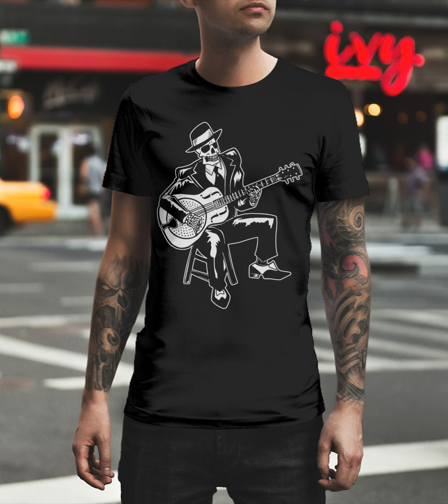 Blues Music Skeleton Playing Guitar With Fedora And Suit T-Shirt