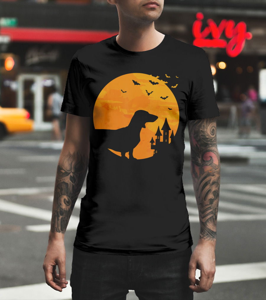 Dachshund Halloween Silhouette With Bats And Haunted Castle T-Shirt