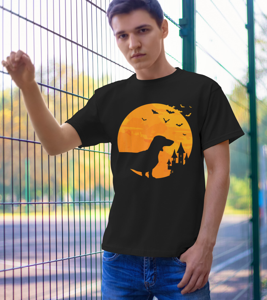 Dachshund Halloween Silhouette With Bats And Haunted Castle T-Shirt