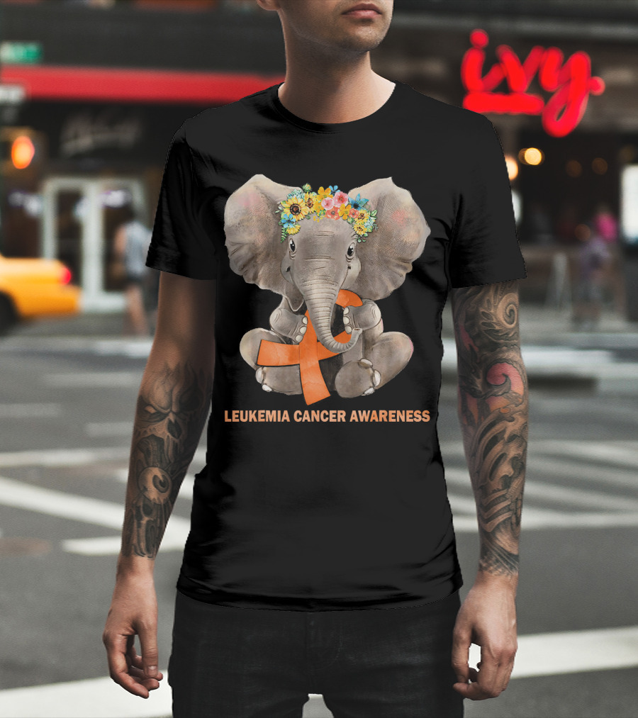 Hippie Elephant With Flower Crown Holding Orange Ribbon Leukemia Cancer Awareness T-Shirt