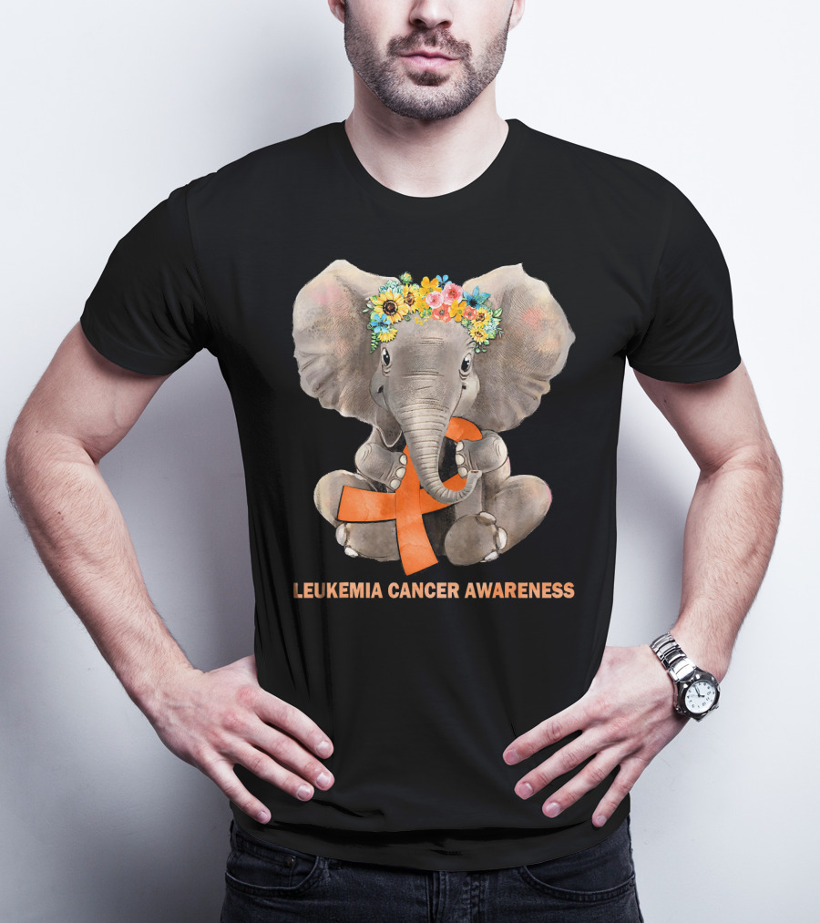 Hippie Elephant With Flower Crown Holding Orange Ribbon Leukemia Cancer Awareness T-Shirt