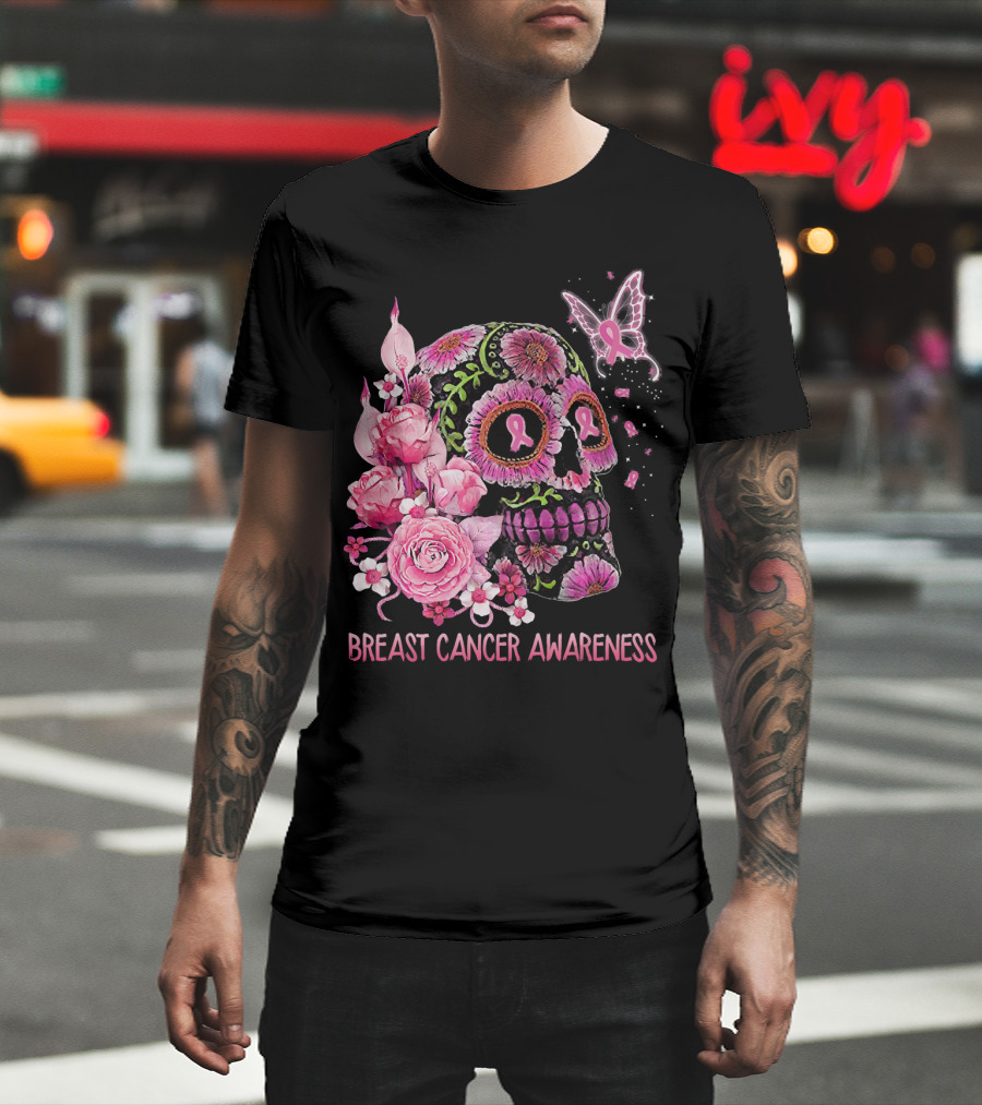 Skull Flower Breast Cancer Awareness Pink Ribbon Butterfly Roses T-Shirt
