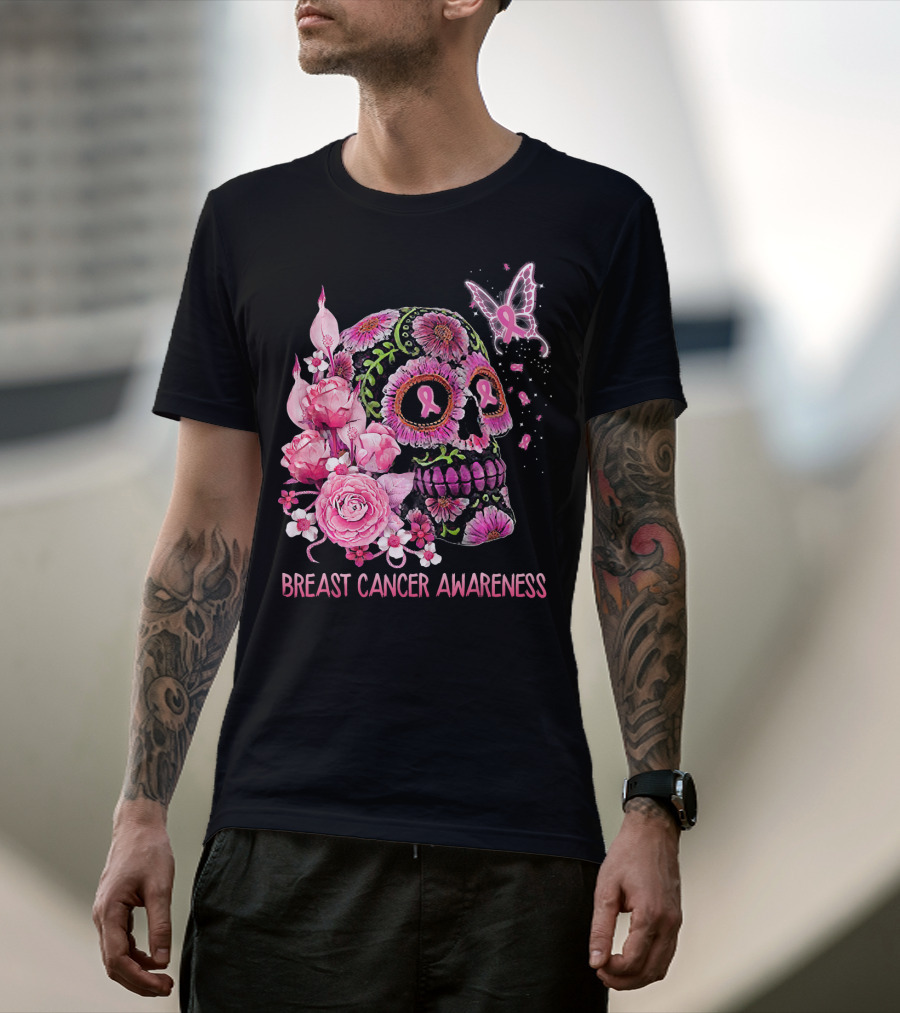 Skull Flower Breast Cancer Awareness Pink Ribbon Butterfly Roses T-Shirt