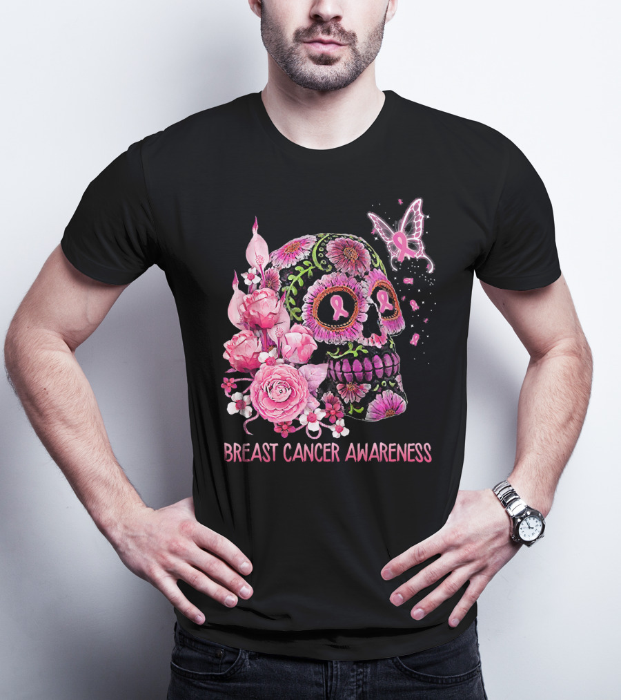 Skull Flower Breast Cancer Awareness Pink Ribbon Butterfly Roses T-Shirt