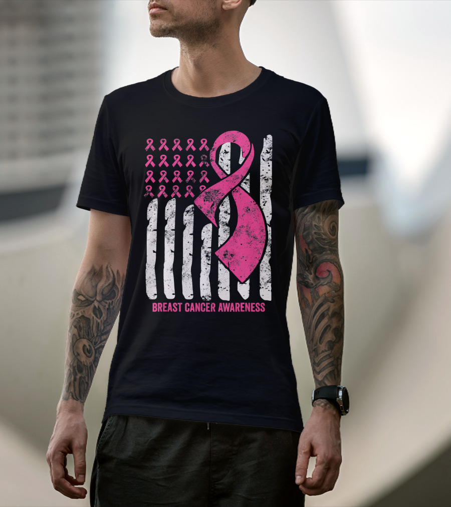 Breast Cancer Awareness Distress Pink Ribbon American Flag T-Shirt