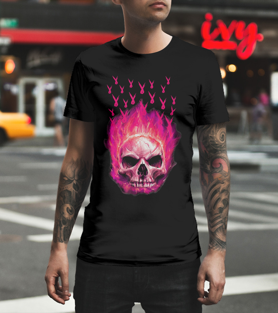 Halloween Skull Flaming Pink Ribbon Breast Cancer Awareness T-Shirt