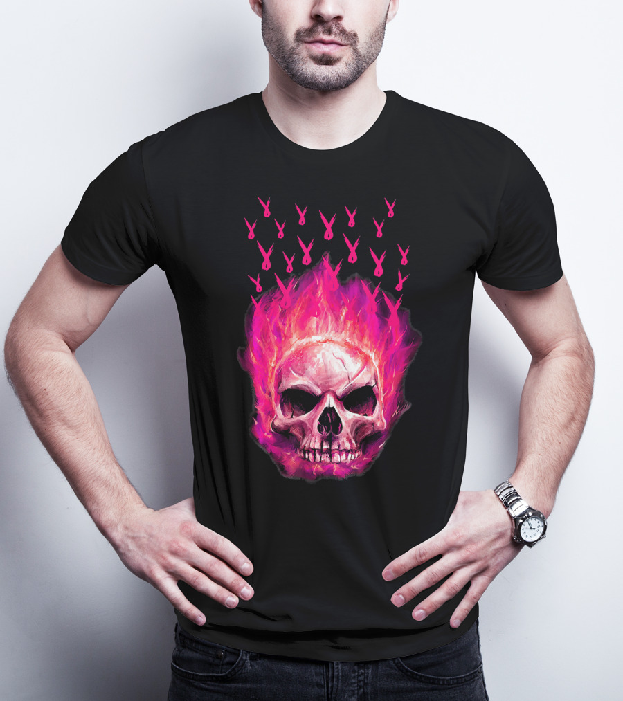 Halloween Skull Flaming Pink Ribbon Breast Cancer Awareness T-Shirt