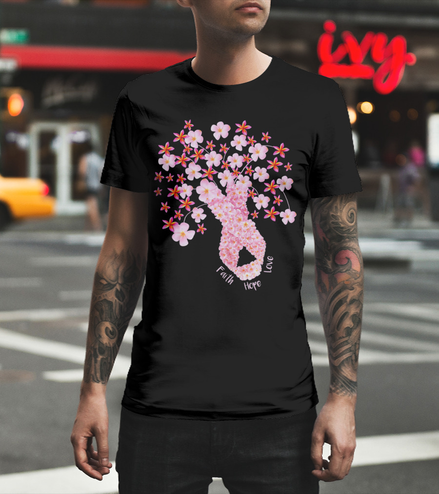 Faith Hope Love Breast Cancer Ribbon Floral Blossoms T-Shirt