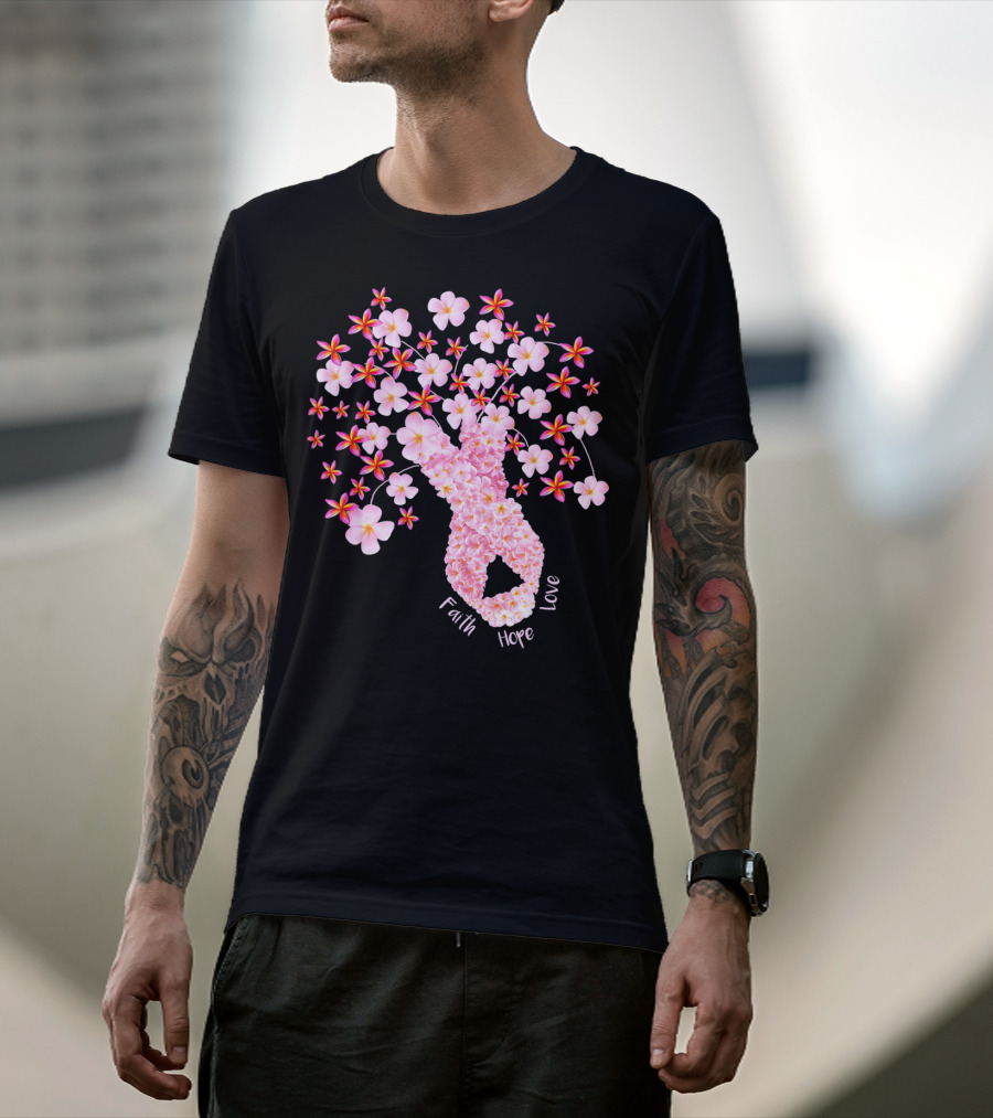 Faith Hope Love Breast Cancer Ribbon Floral Blossoms T-Shirt