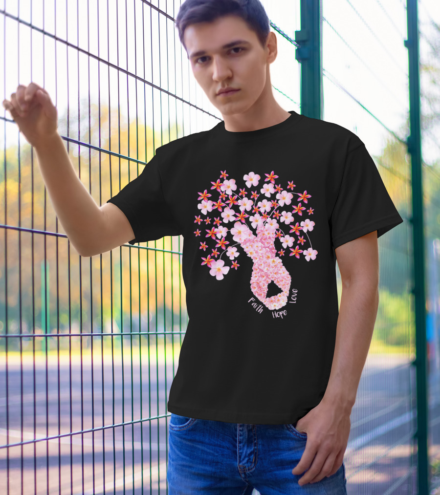 Faith Hope Love Breast Cancer Ribbon Floral Blossoms T-Shirt