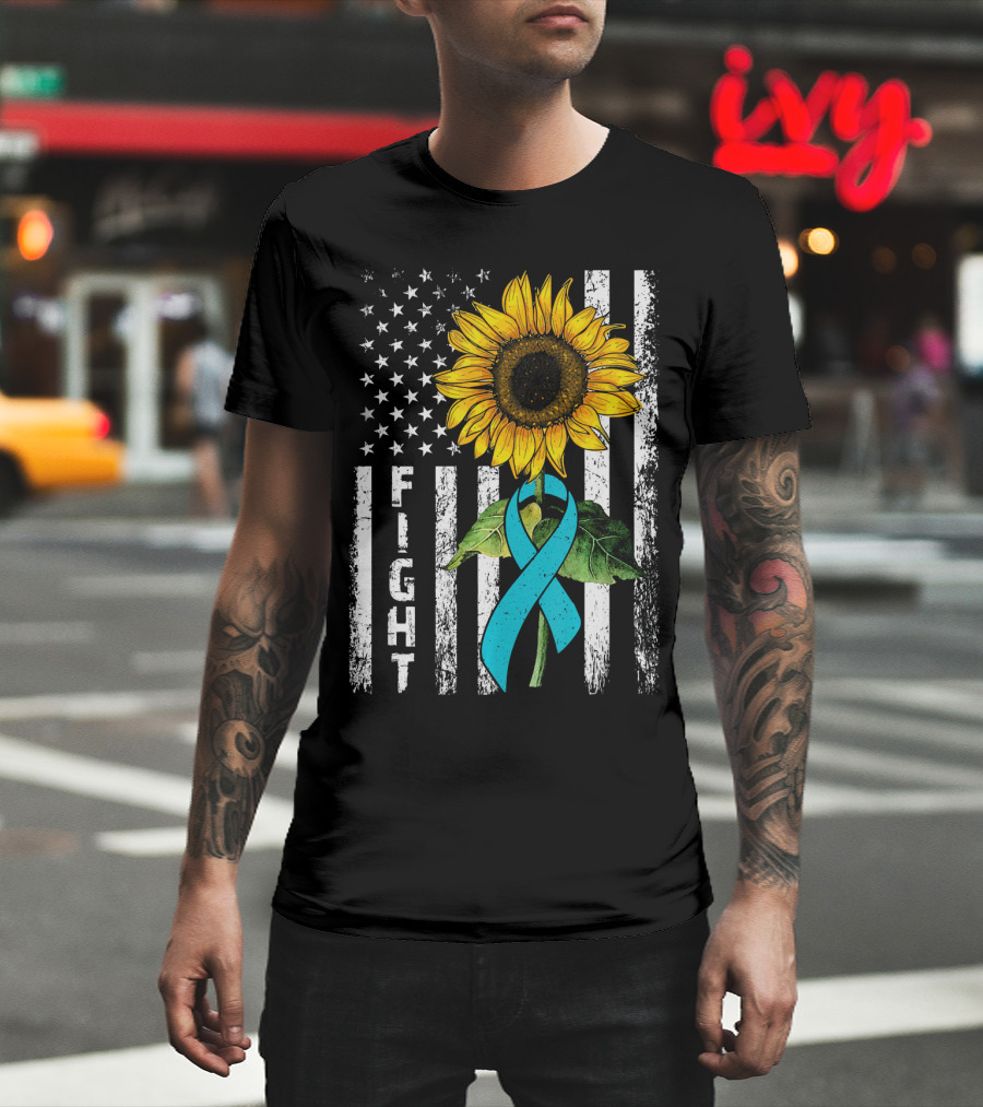 America Flag Sunflower Teal Ribbon Ovari Fight T-Shirt