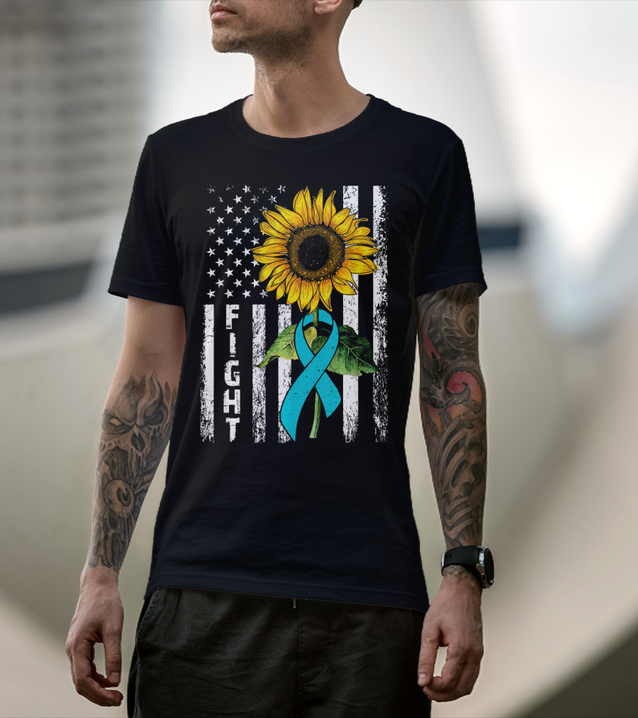 America Flag Sunflower Teal Ribbon Ovari Fight T-Shirt