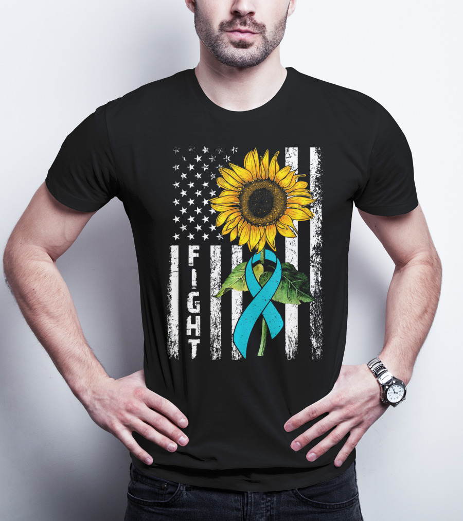 America Flag Sunflower Teal Ribbon Ovari Fight T-Shirt