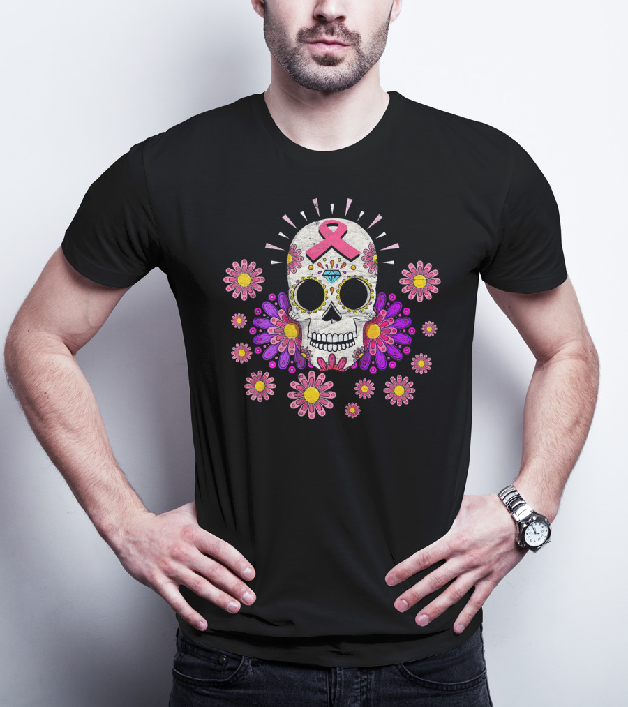 Breast Cancer Awareness Sugar Skull Pink Ribbon Floral Accents T-Shirt