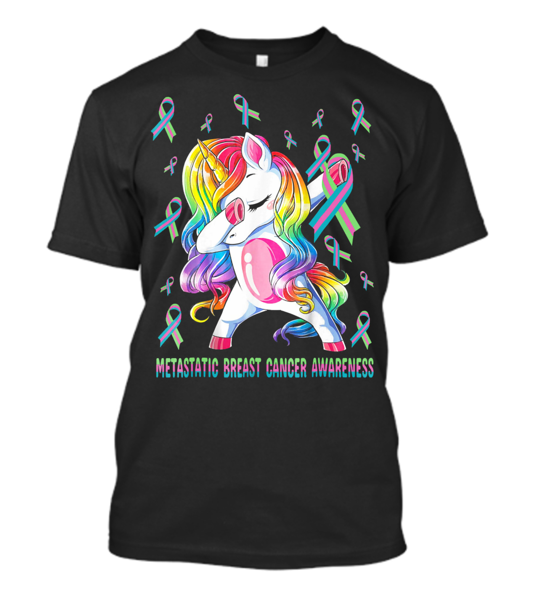 Metastatic Breast Cancer Awareness Unicorn Dabbing With Ribbons T-Shirt