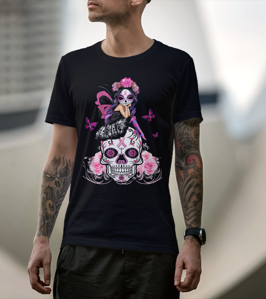 Cute Fairy Sugar Skull Breast Cancer Awareness T-Shirt