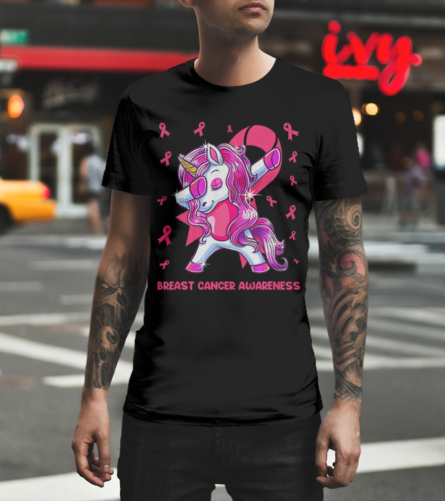 Breast Cancer Awareness Dabbing Unicorn Pink T-Shirt
