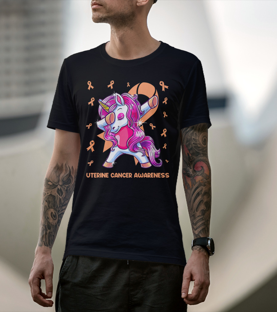 Dabbing Unicorn With Pink Ribbon For Uterine Cancer Awareness T-Shirt