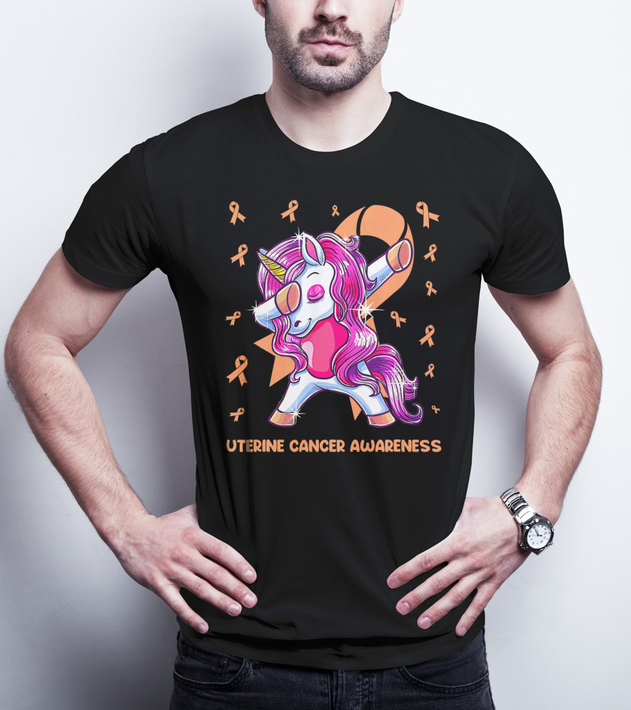Dabbing Unicorn With Pink Ribbon For Uterine Cancer Awareness T-Shirt