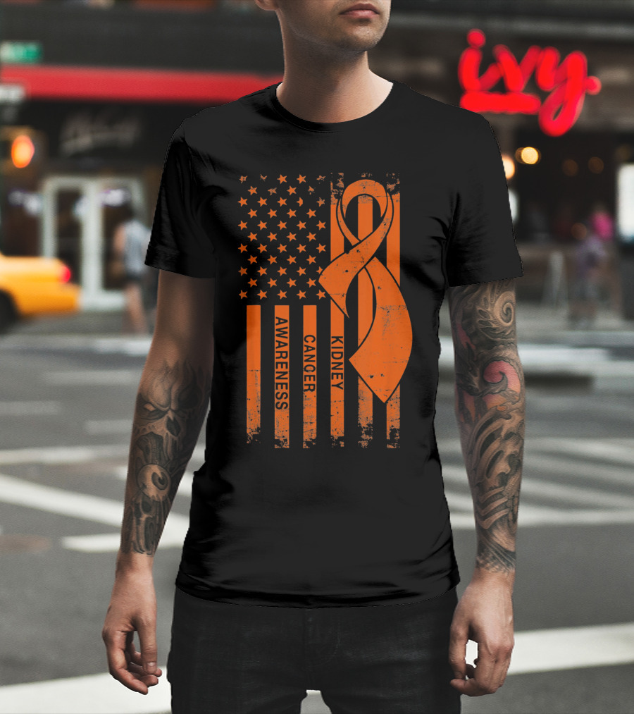 Kidney Cancer Awareness Orange Ribbon American Flag T-Shirt