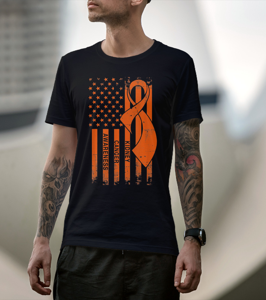 Kidney Cancer Awareness Orange Ribbon American Flag T-Shirt