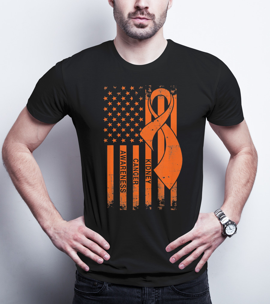 Kidney Cancer Awareness Orange Ribbon American Flag T-Shirt