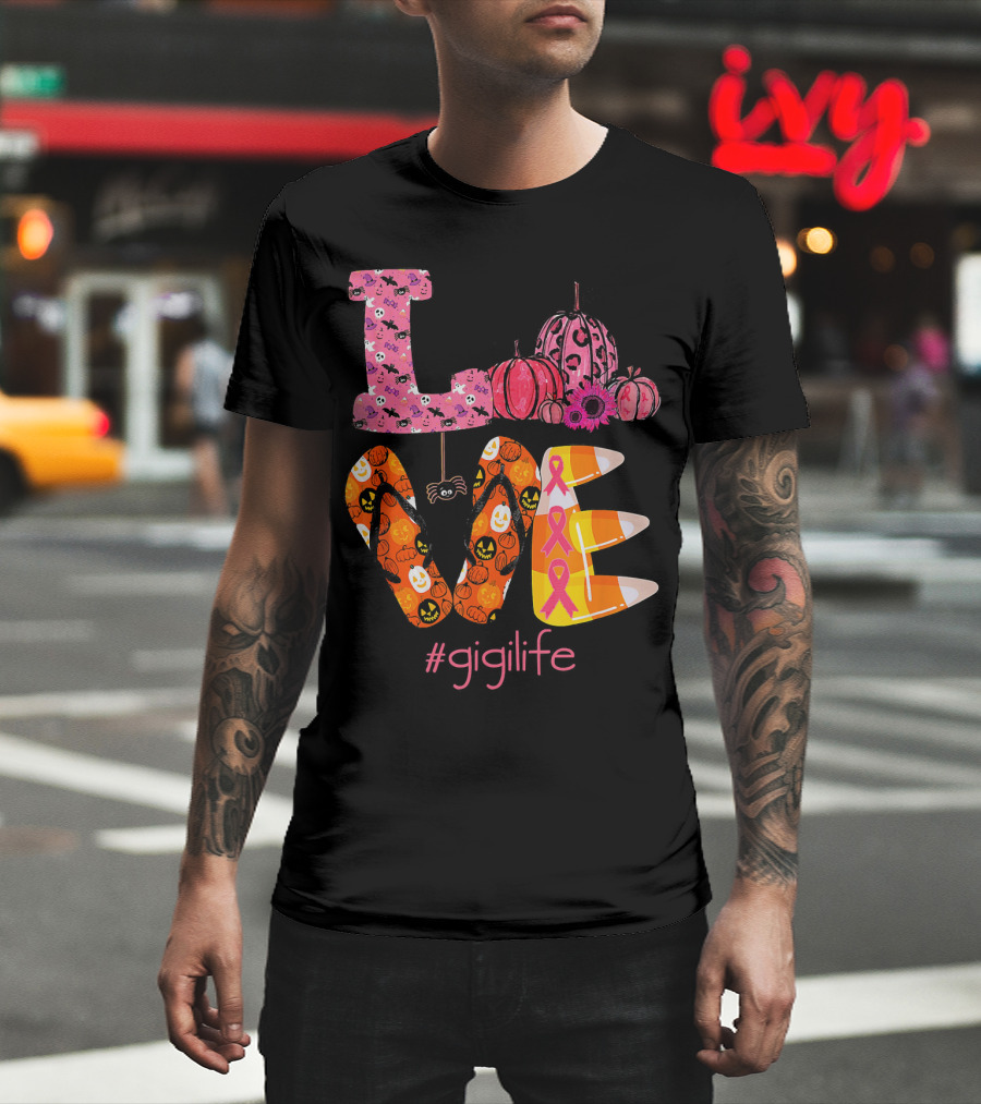 Love Halloween Pumpkin Breast Cancer Awareness #gigilife T-Shirt