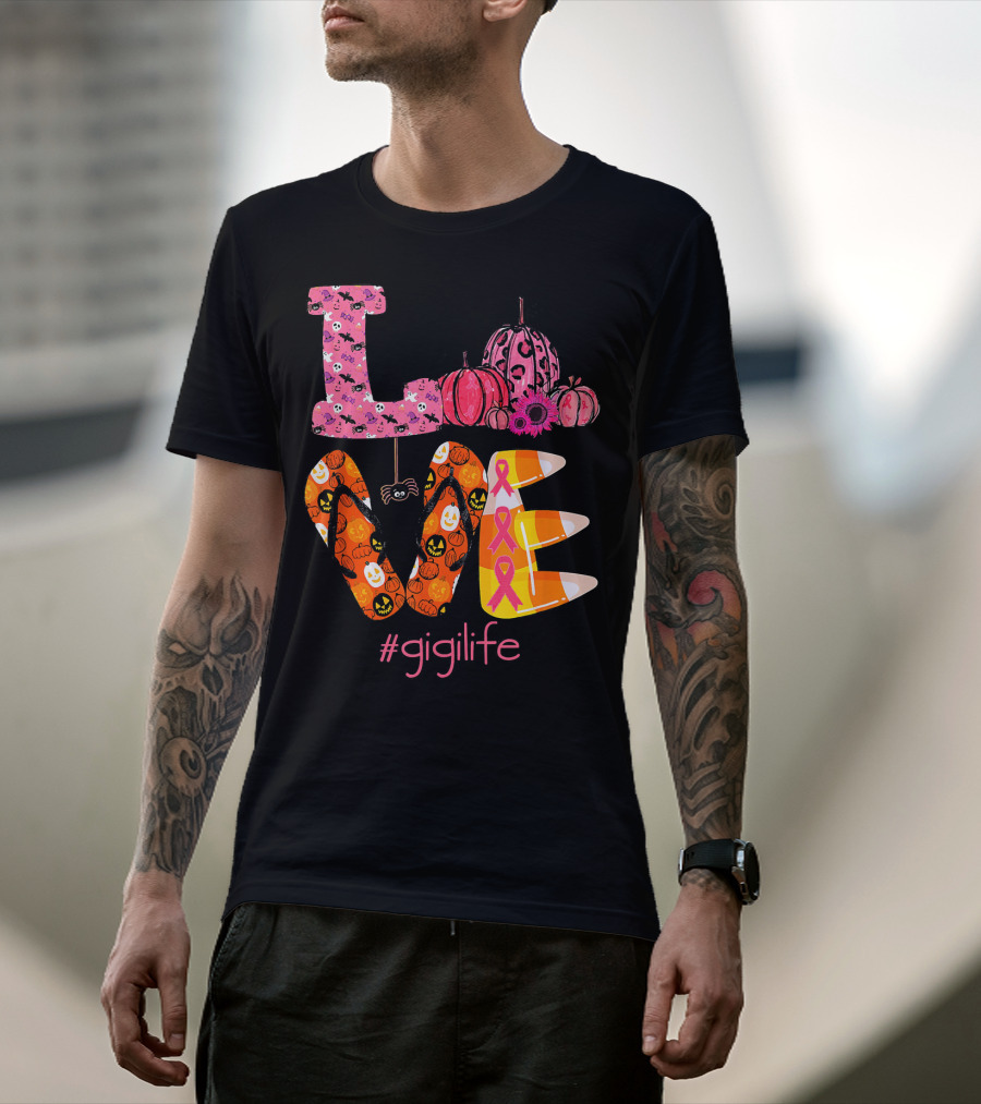 Love Halloween Pumpkin Breast Cancer Awareness #gigilife T-Shirt