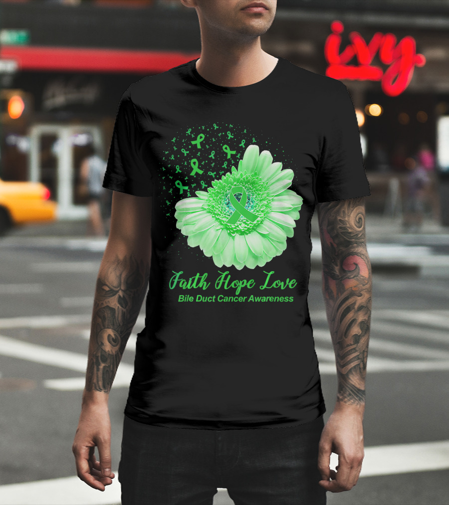 Faith Hope Love Bile Duct Cancer Awareness Flower T-Shirt
