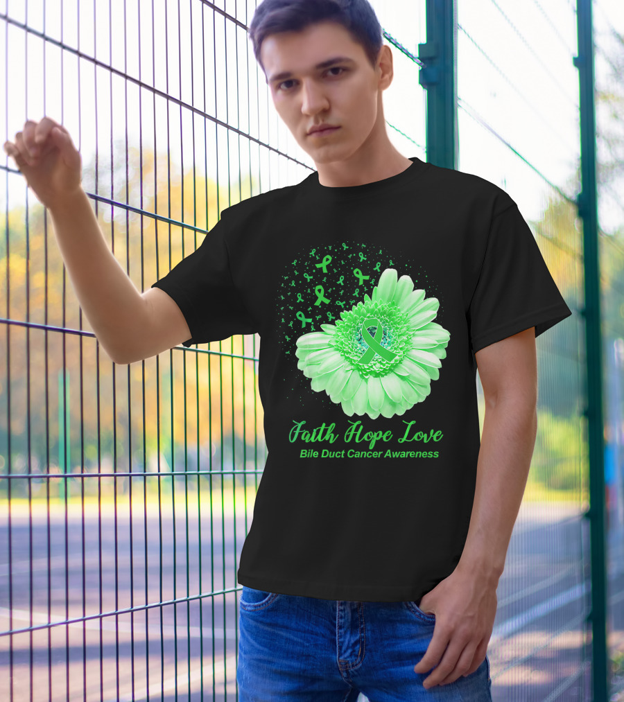 Faith Hope Love Bile Duct Cancer Awareness Flower T-Shirt