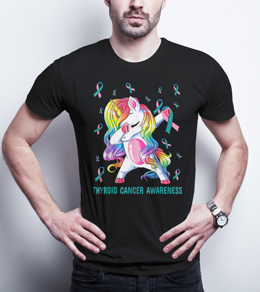 Dabbing Unicorn Rainbow Thyroid Cancer Awareness T-Shirt