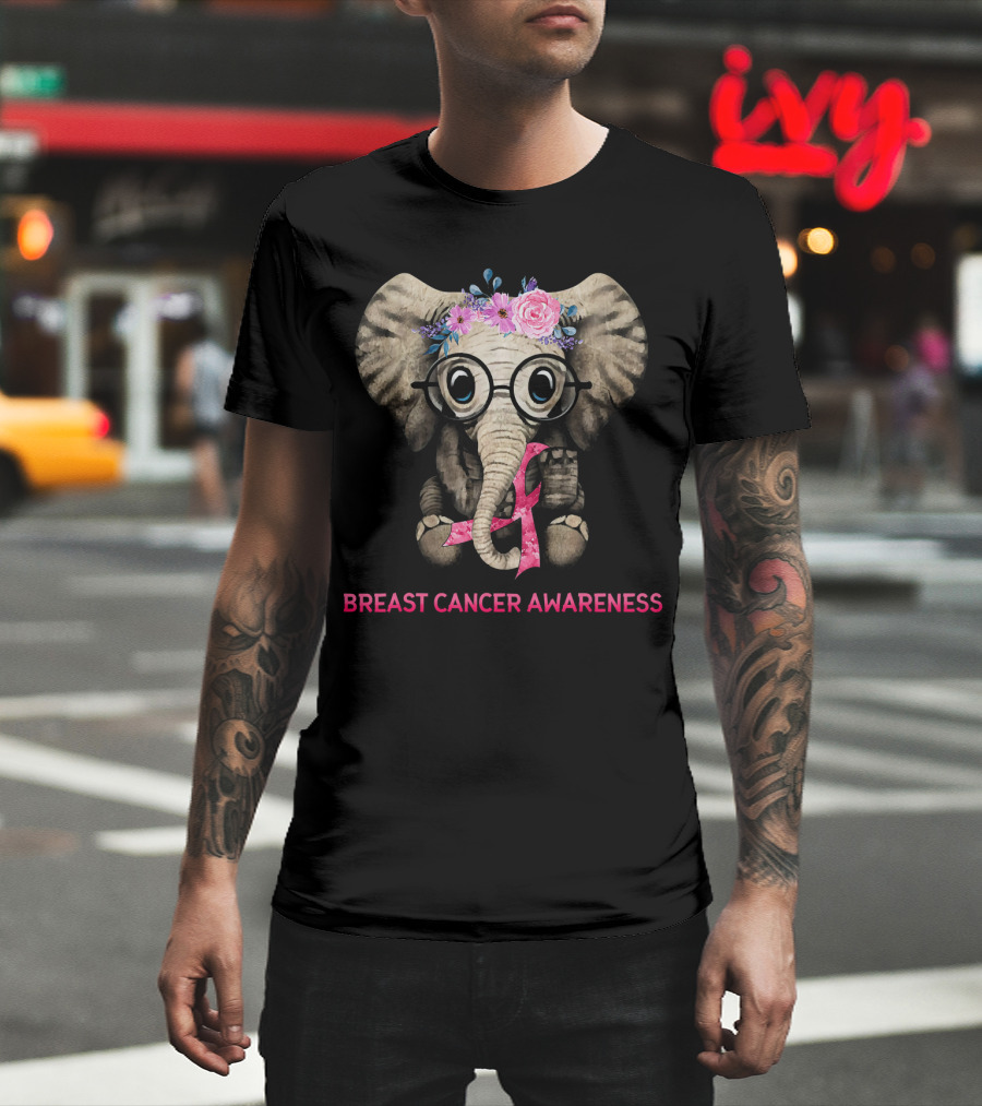Flowers Hippie Elephant Breast Cancer Awareness T-Shirt