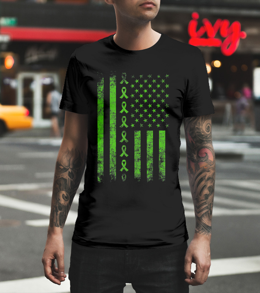 Lymphoma Cancer Awareness Lime Green Ribbon American Flag T-Shirt